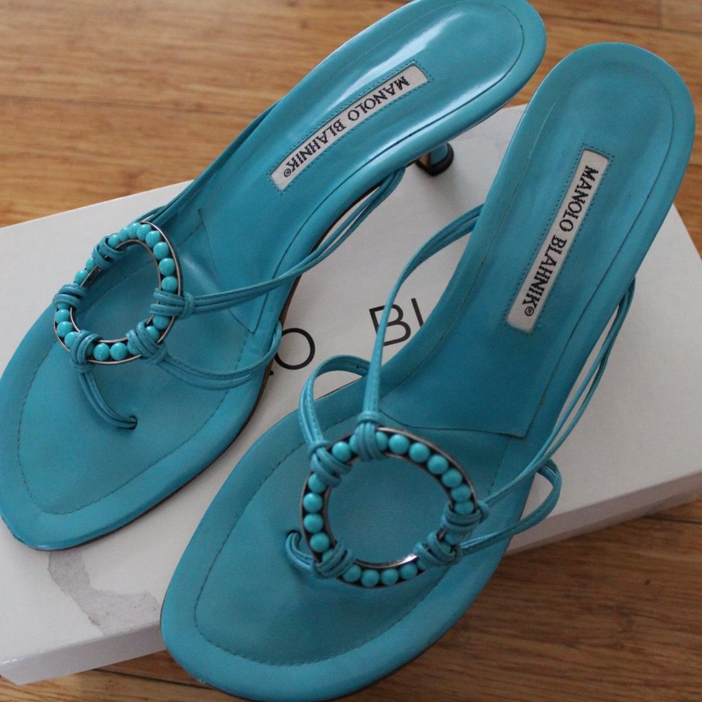 Manolo Blahnik Turquoise Blue Leather Strappy Heels R… - Gem